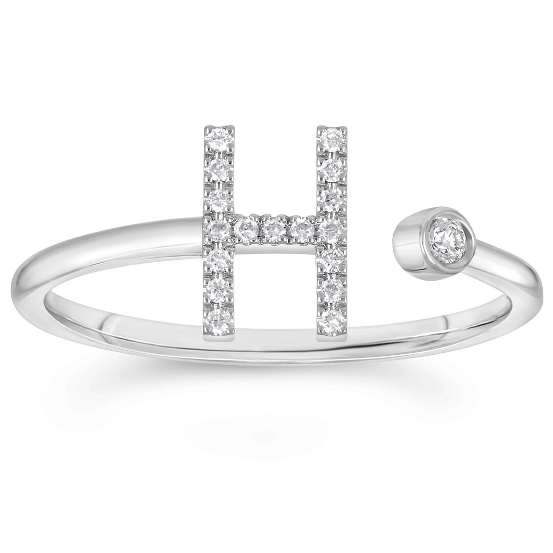 14k Solid Gold Open Cuff Initial Letter H Diamond Ring Dainty Initial ...