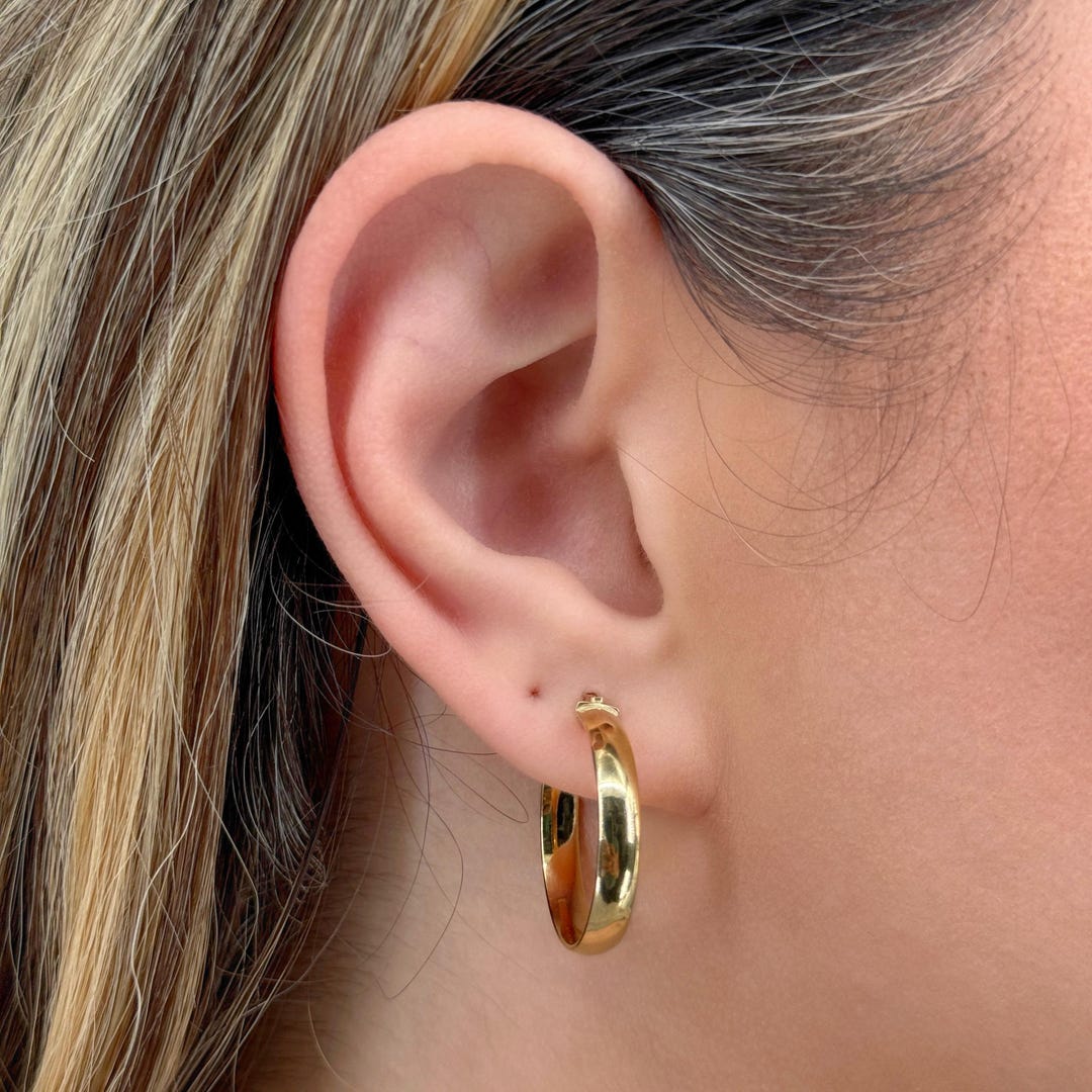 14k Gold Hoop Earrings - Hollow Italian Gold Earrings - 14k Yellow Gold Round Hoops - Shiny Flat ...