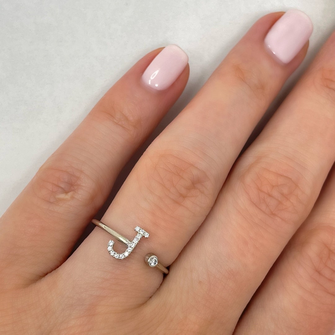 14k Solid Gold Open Cuff Initial Letter J Diamond Ring - Dainty Initial ...