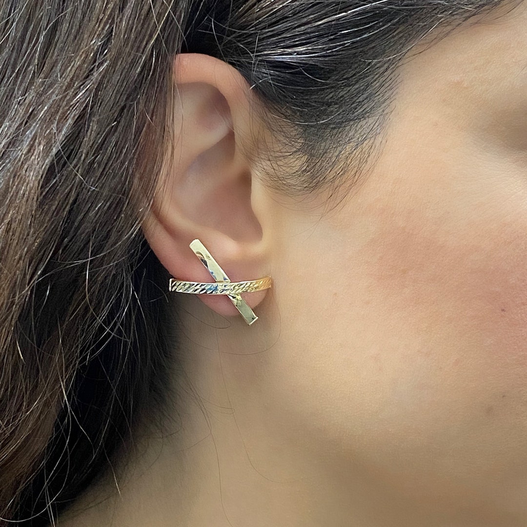 14k Gold X-shape Stud Earrings Shiny Gold Diamond-cut X Earrings Large ...