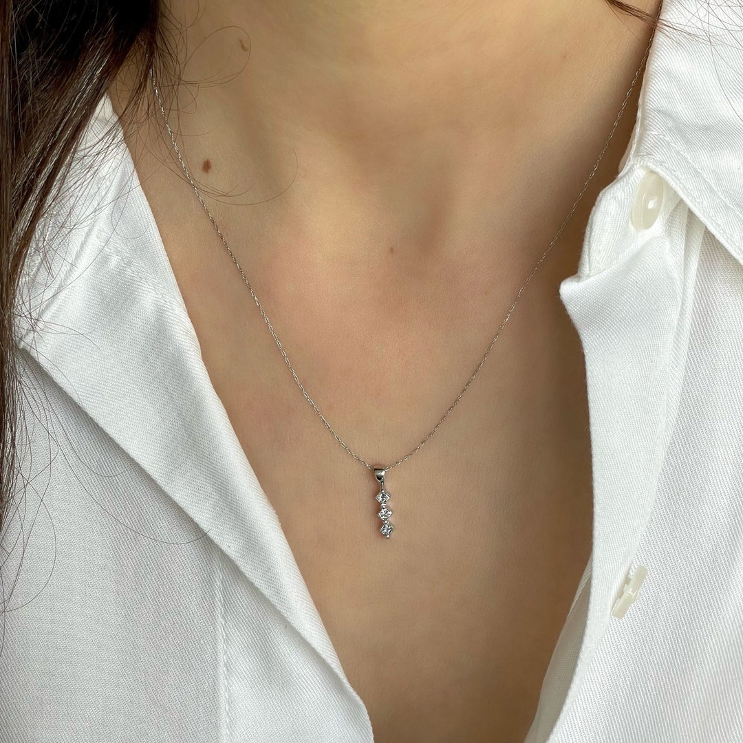 14k Solid Gold Three-stone Princess Diamond Pendant Necklace - Princess ...