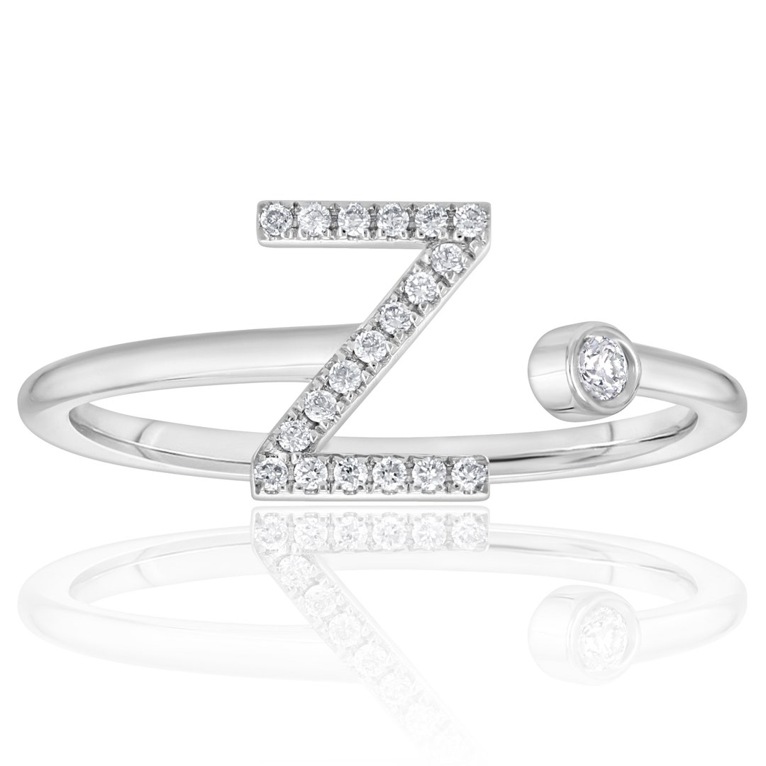 14k Solid Gold Open Cuff Initial Letter Z Diamond Ring - Dainty Initial ...