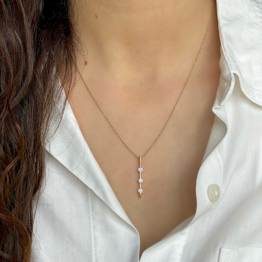 14k Solid Gold Diamond Vertical Bar Necklace - 3 Stone Vertical Line ...