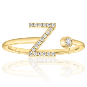 14k Solid Gold Open Cuff Initial Letter Z Diamond Ring - Dainty Initial Letter Ring - Name ...