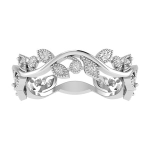 14k Solid Gold Leaf Pave Ring - Leaf Wedding Band - Gold Vine Stacking Ring - Delicate Vintage ...