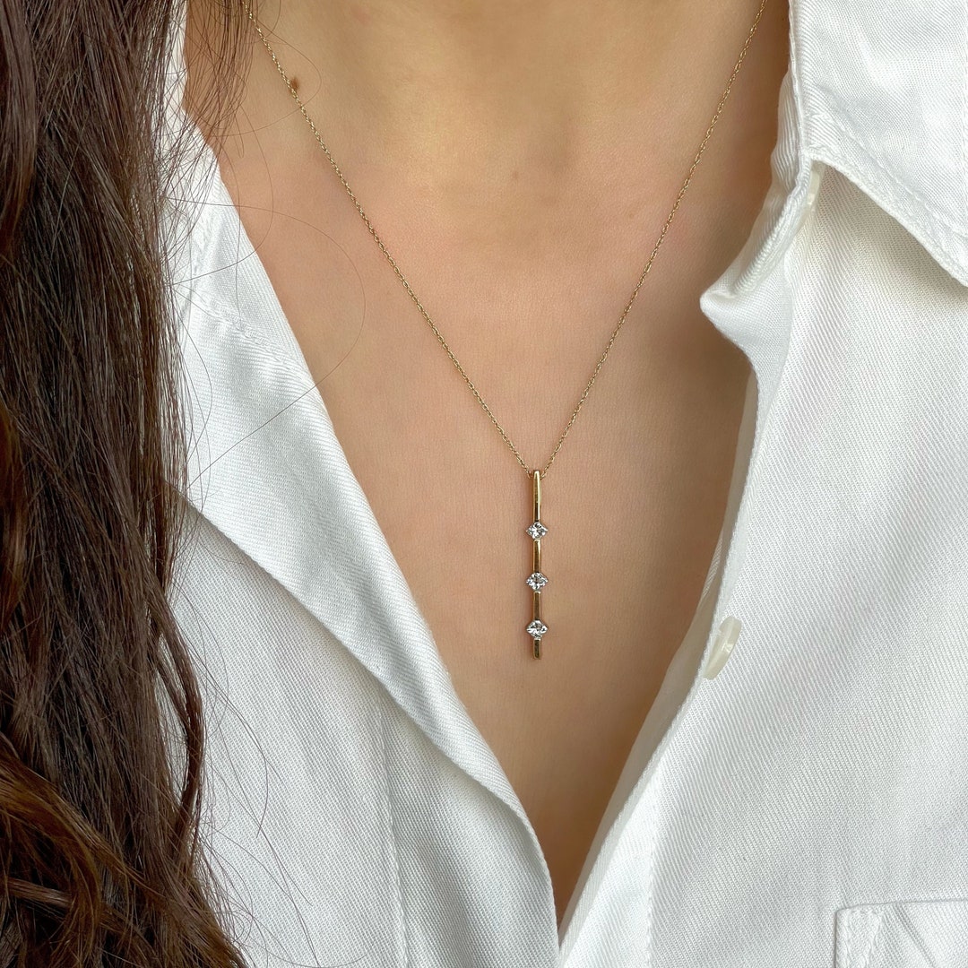 Solid Gold Vertical Bar Necklace With Natural Diamonds, 3 Stone Linear ...