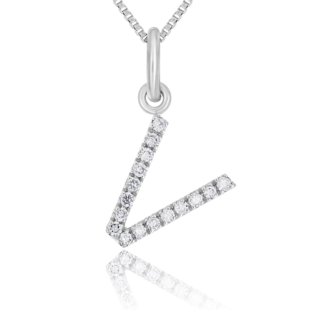 14k Solid Gold Initial Letter V Diamond Pendant Necklace - Dainty ...