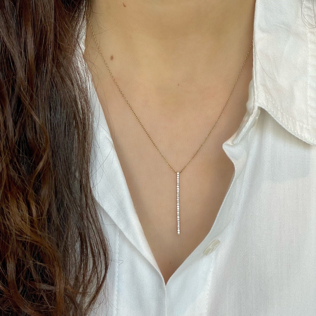 14k Solid Gold Vertical Bar Pendant Diamond Necklace - Pave Set Bar ...