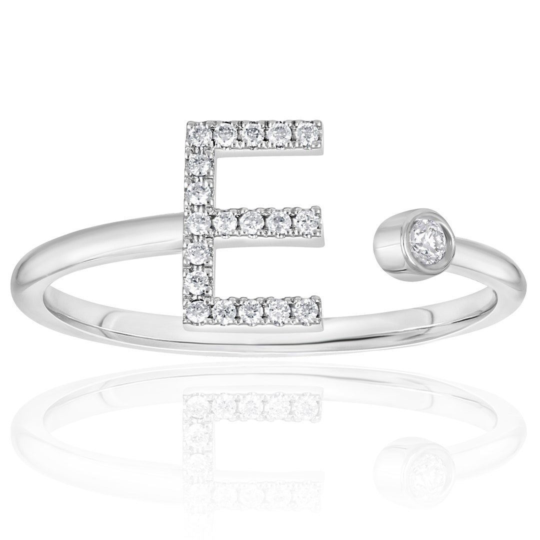 14k Solid Gold Open Cuff Initial Letter E Diamond Ring - Dainty Initial ...