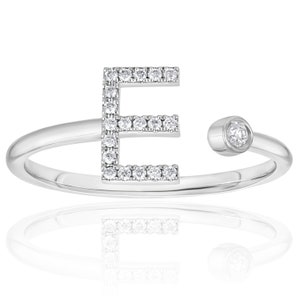 14k Solid Gold Open Cuff Initial Letter E Diamond Ring - Dainty Initial Letter Ring - Name ...