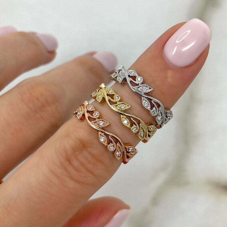 14k Solid Gold Leaf Pave Ring - Leaf Wedding Band - Gold Vine Stacking Ring - Delicate Vintage ...