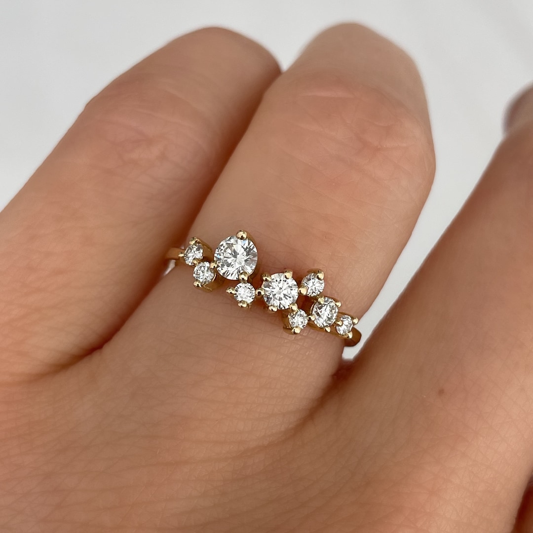 14k Solid Gold Diamond Ring - Diamond Cluster Ring - Unique Diamond ...