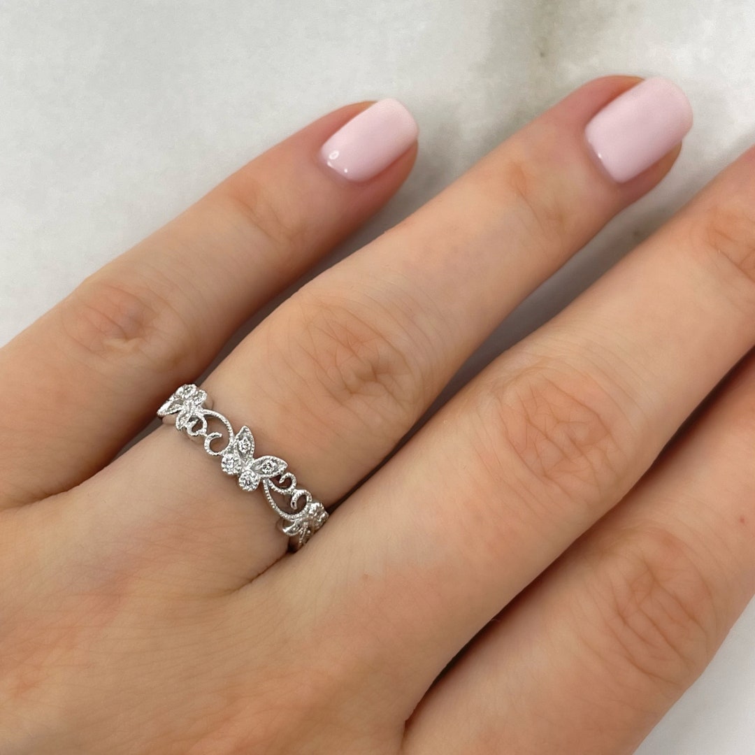 14k Solid Gold Diamond Butterfly Ring - Milgrain Butterfly Wedding Band ...