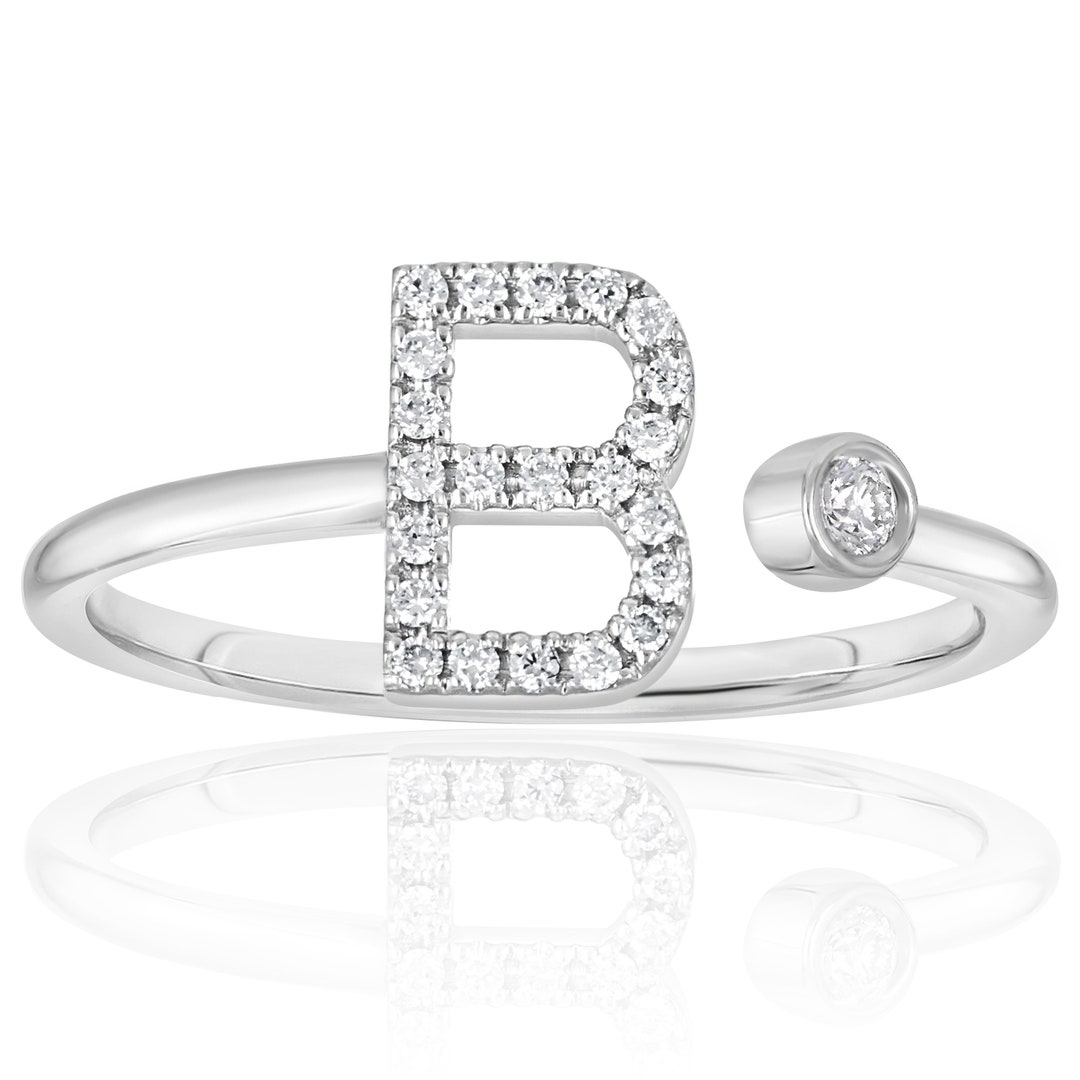 14k Solid Gold Open Cuff Initial Letter B Diamond Ring - Dainty Initial ...