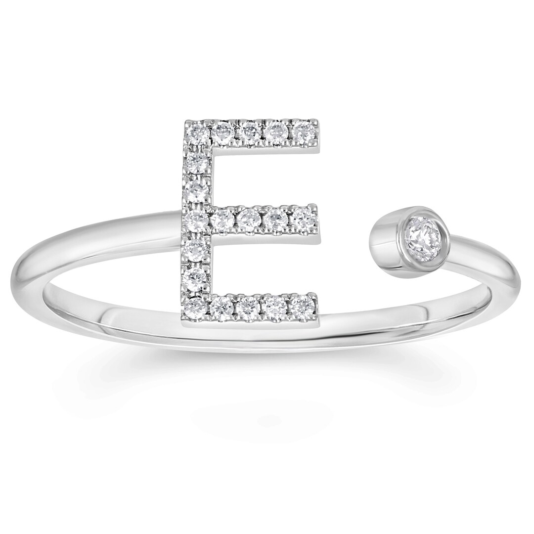 14k Solid Gold Open Cuff Initial Letter E Diamond Ring Dainty Initial ...