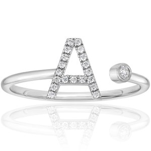14k Solid Gold Open Cuff Initial Letter A Diamond Ring - Dainty Initial Letter Ring - Name ...