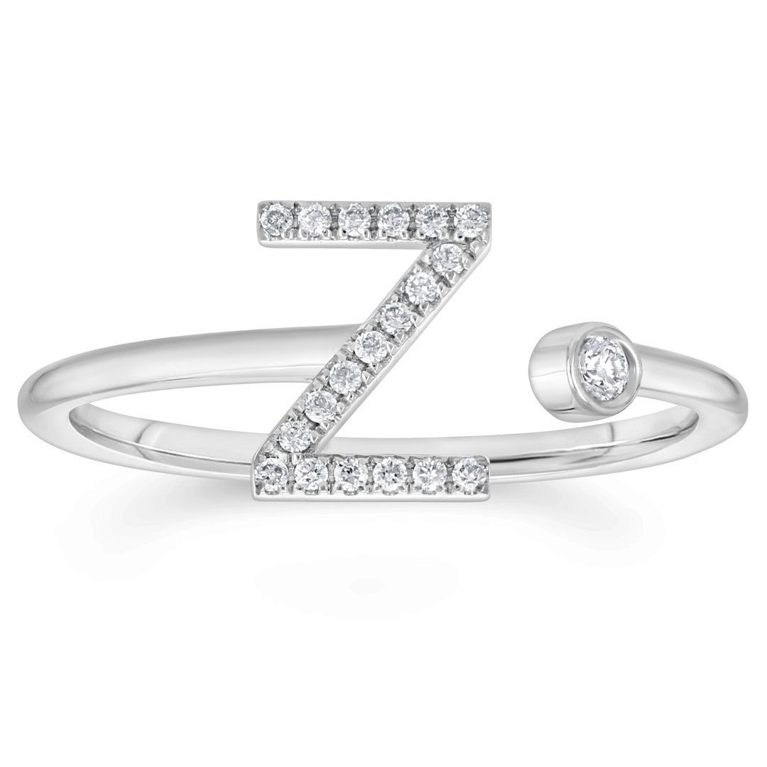 14k Solid Gold Open Cuff Initial Letter Z Diamond Ring Dainty Initial Letter Ring Name Letter ...