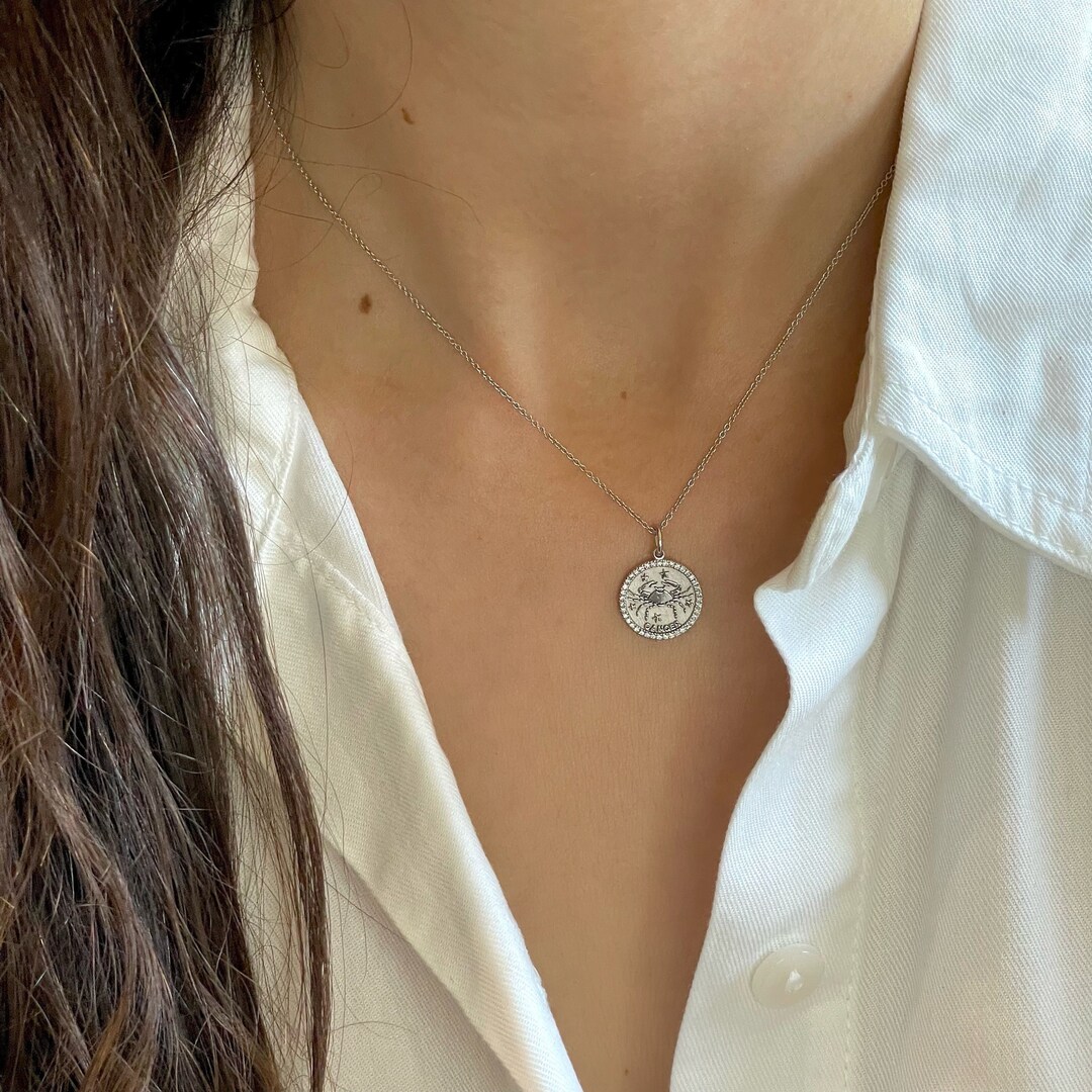 14k Solid Gold Medallion Diamond Zodiac Pendant Necklace - Cancer ...