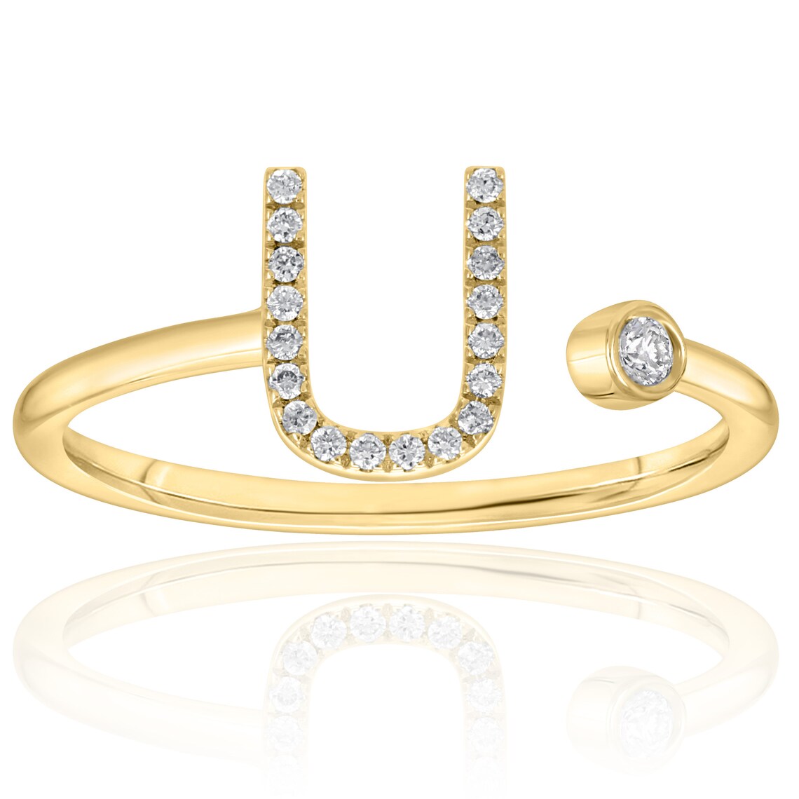 14k Solid Gold Open Cuff Initial Letter U Diamond Ring - Dainty Initial ...