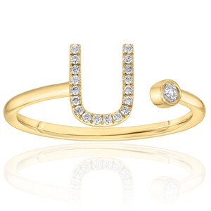 14k Solid Gold Open Cuff Initial Letter U Diamond Ring - Dainty Initial ...