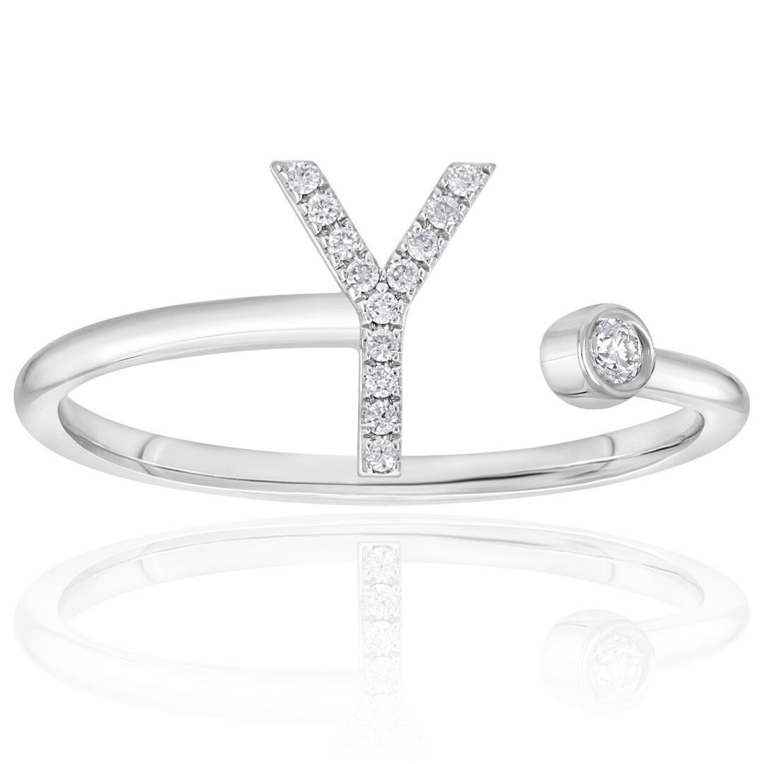 14k Solid Gold Open Cuff Initial Letter Y Diamond Ring - Dainty Initial ...