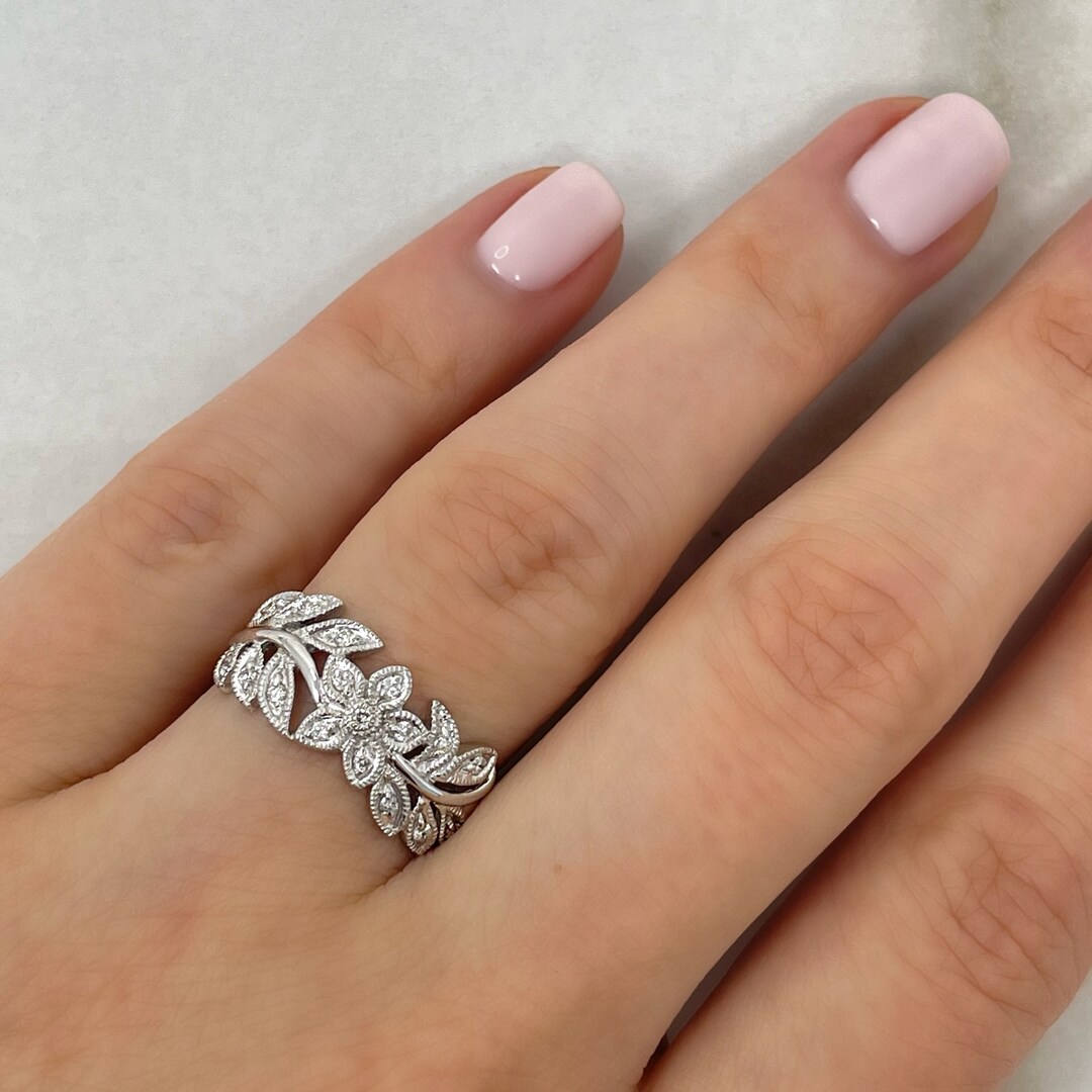 14k Solid Gold Diamond Flower & Leaf Ring - Diamond Leaves Ring ...