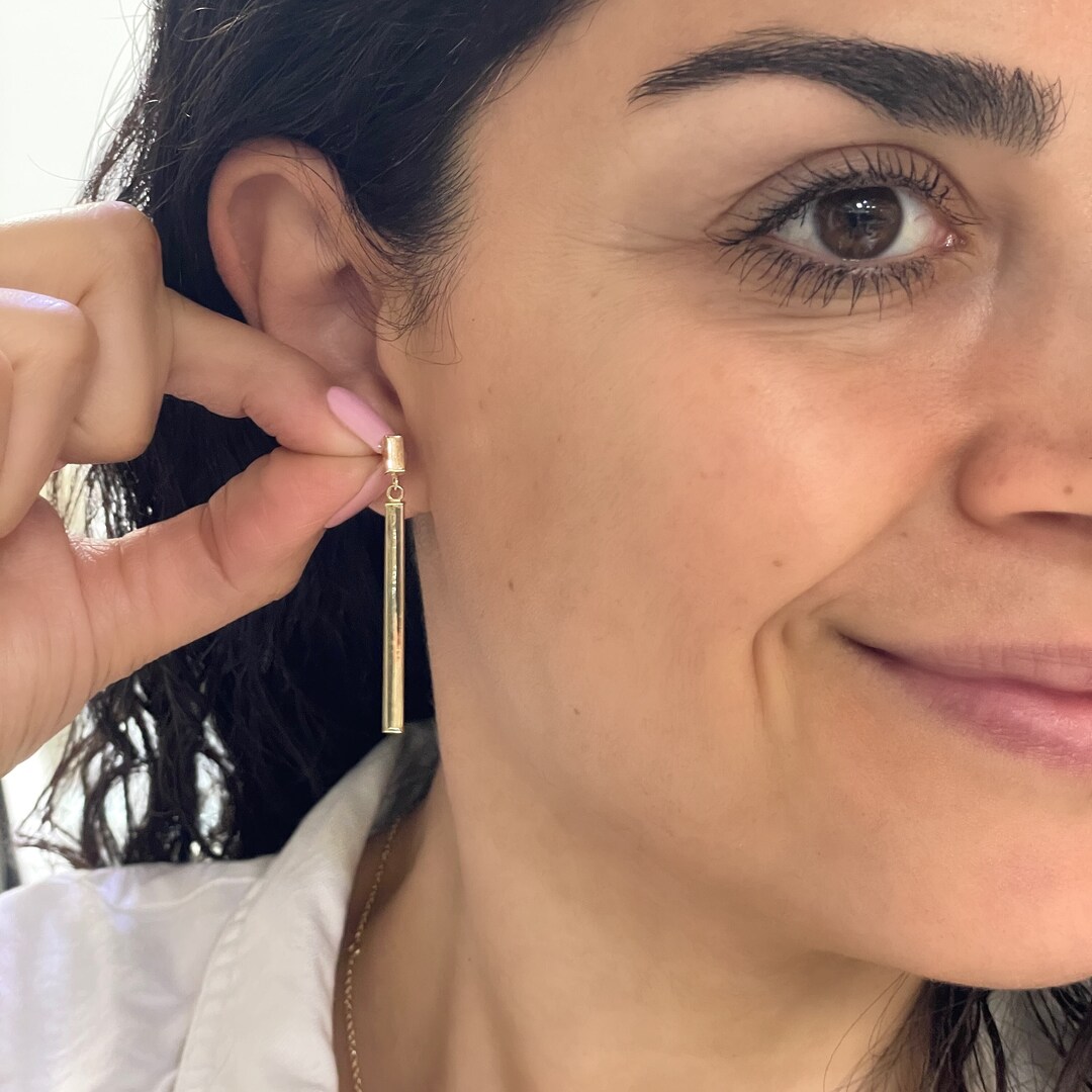 14k Gold Bar Earrings - Italian Gold Hollow Bar Dangle Earrings ...