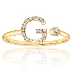 14k Solid Gold Open Cuff Initial Letter G Diamond Ring - Dainty Initial Letter Ring - Name ...