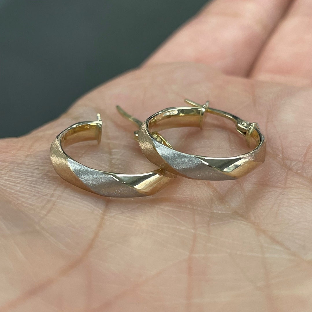 14k Tri-color Gold Hoop Earrings - Italian Gold Hoops - Satin Faceted ...