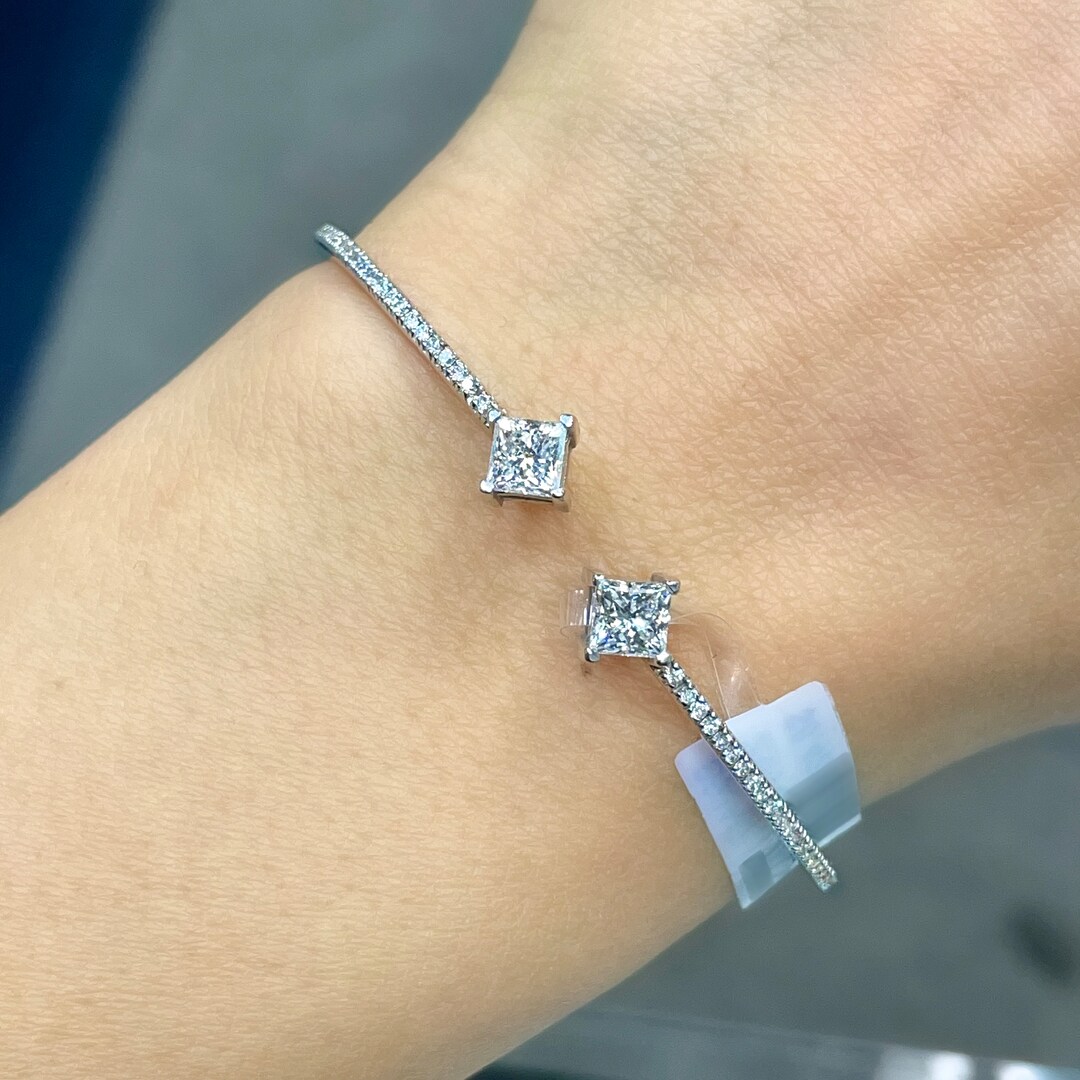 14k Solid Gold Diamond Bangle - Open Cuff Bangle - Princess Cut Diamond Bracelet - Natural ...