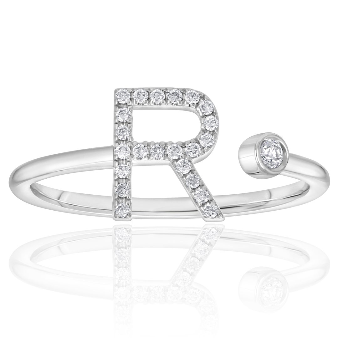 14k Solid Gold Open Cuff Initial Letter R Diamond Ring - Dainty Initial ...
