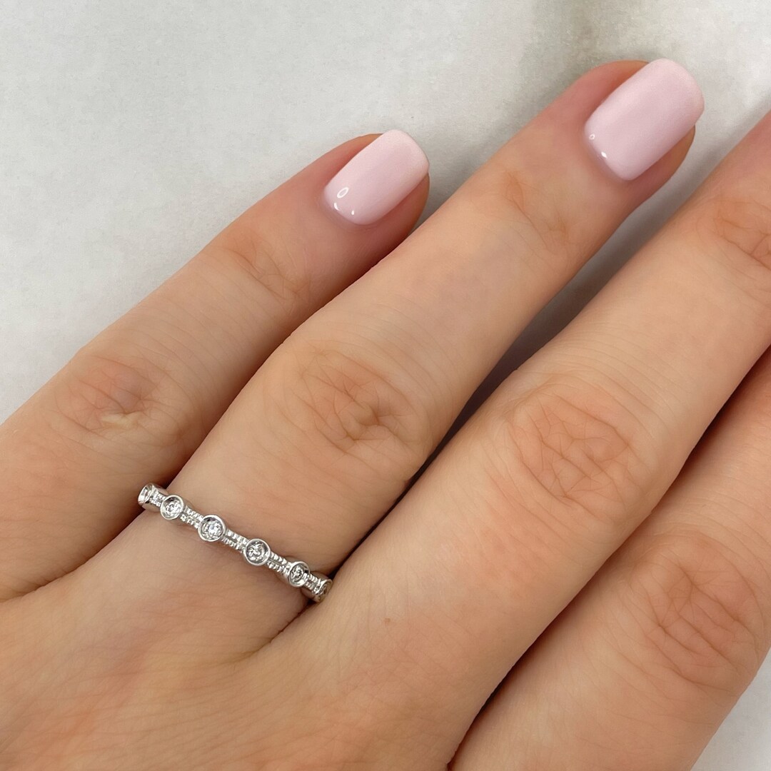 14k Solid Gold Diamond Station Ring - Unique Stackable Ring - Station ...