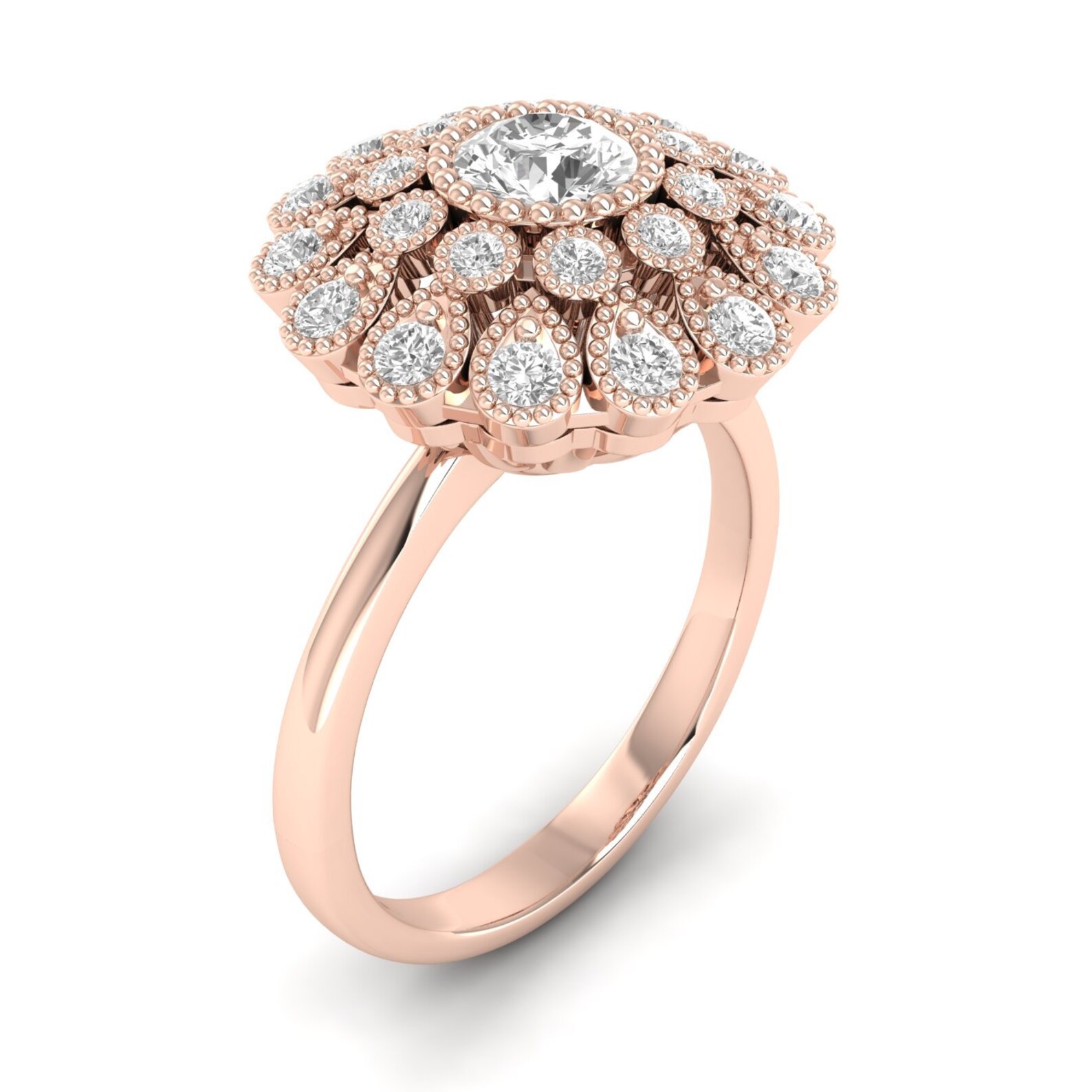 14k Solid Gold Flower Cluster Diamond Ring - Vintage Style Gold Floral ...
