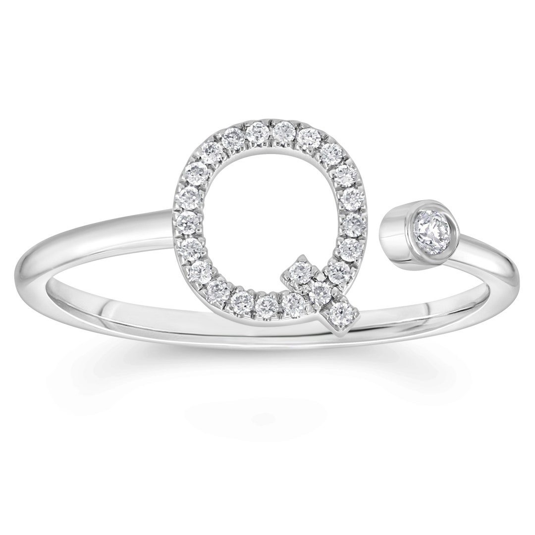 14k Solid Gold Open Cuff Initial Letter Q Diamond Ring Dainty Initial ...