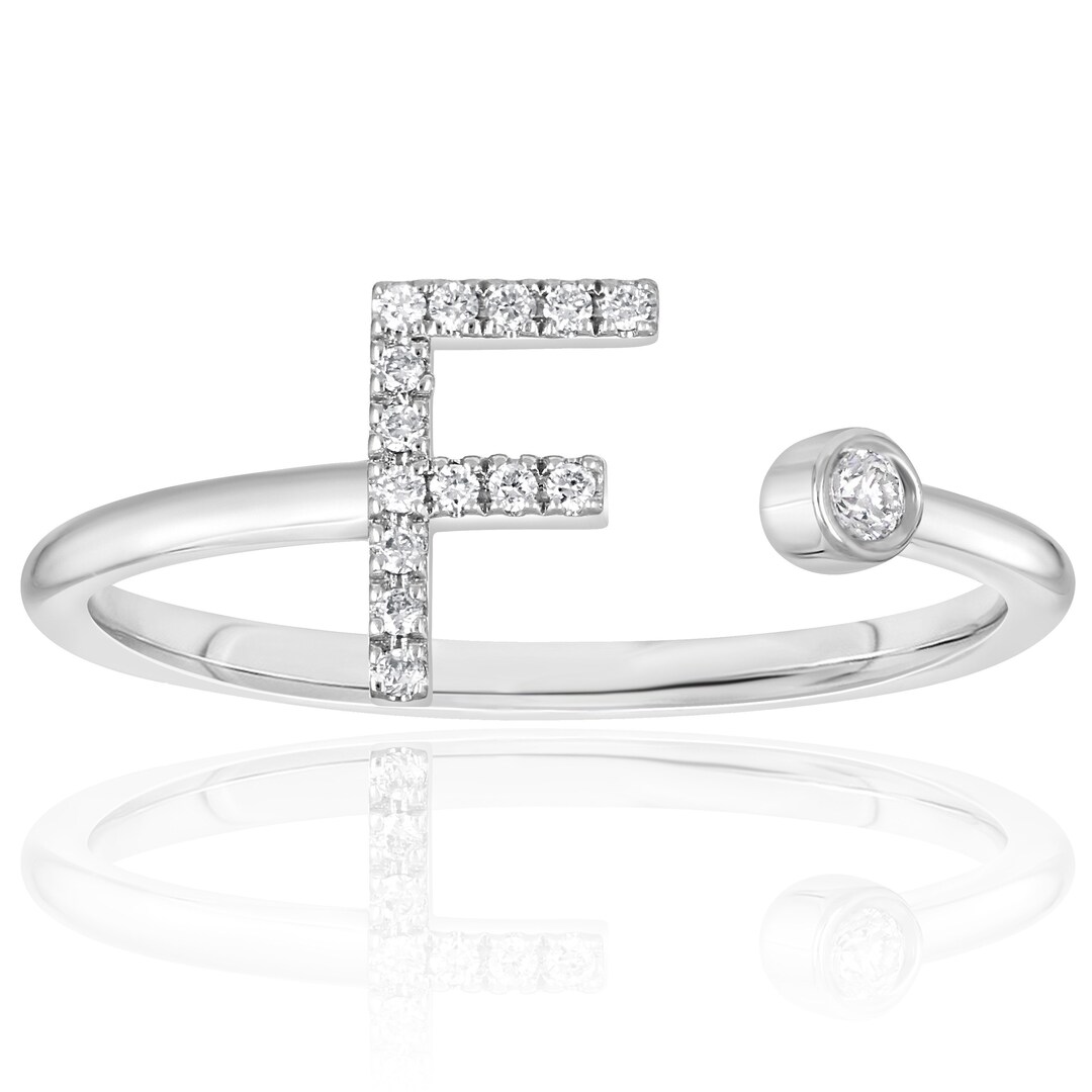 14k Solid Gold Open Cuff Initial Letter F Diamond Ring - Dainty Initial ...