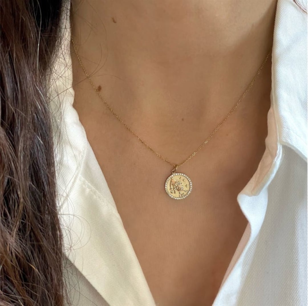 14k Solid Gold Medallion Diamond Zodiac Pendant Necklace - Leo Necklace ...