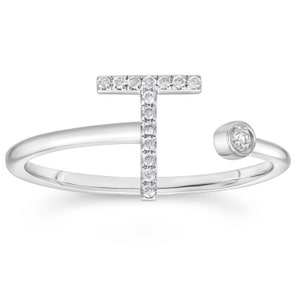 14k Solid Gold Open Cuff Initial Letter T Diamond Ring Dainty Initial ...