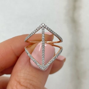 14k Solid Gold Micro Pave Diamond Kite Ring - Double Arrow Diamond Ring - Gold Arrow Ring ...