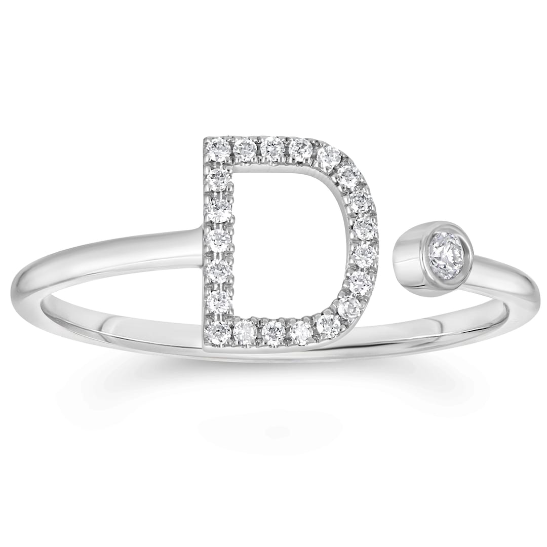 14k Solid Gold Open Cuff Initial Letter D Diamond Ring Dainty Initial ...