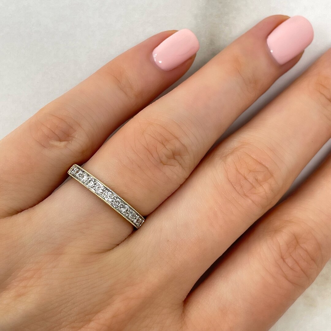 14k Solid Gold Diamond Milgrain Ring - Gold Milgrain Bead Pave Set ...