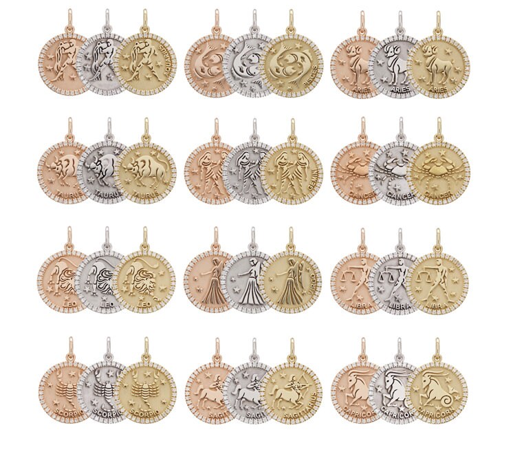 14k Solid Gold Medallion Diamond Zodiac Pendant Necklace - Etsy