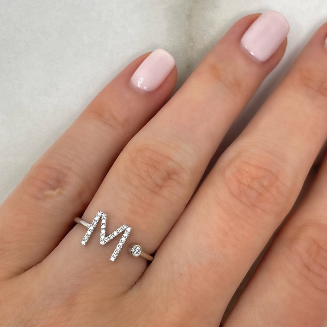 Open Cuff Initial Letter M Diamond Ring 14k Gold Dainty Initial Letter ...