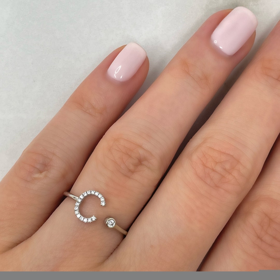 Open Cuff Initial Letter C Diamond Ring 14k Gold Dainty - Etsy