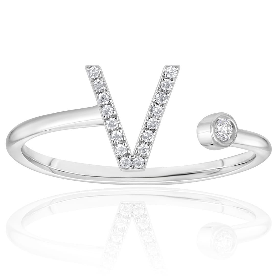 14k Solid Gold Open Cuff Initial Letter V Diamond Ring - Dainty Initial ...