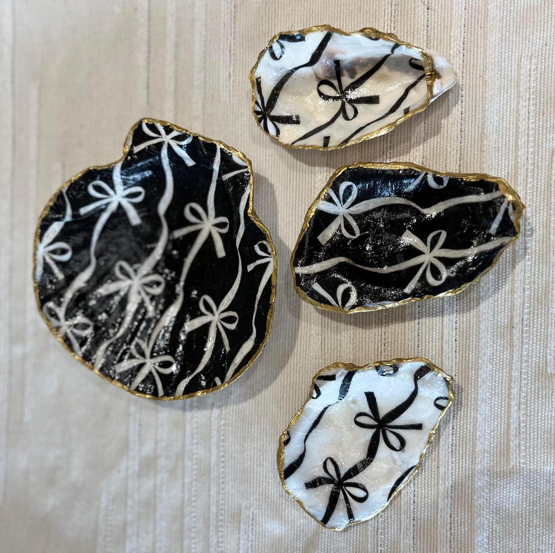 Shell Trinket Tray - Black and White Bows - Etsy