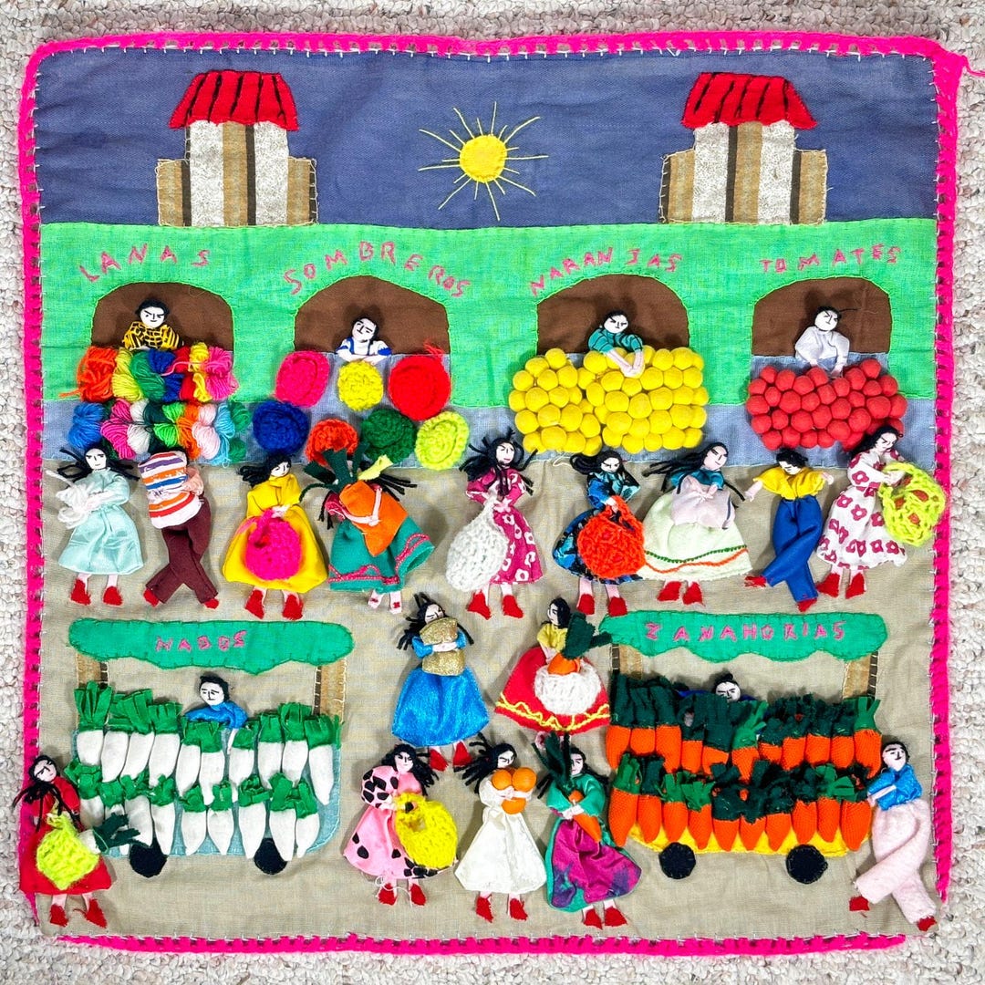Vintage Peruvian Arpillera Folk Art, Handmade Mercado Wall Tapestry ...