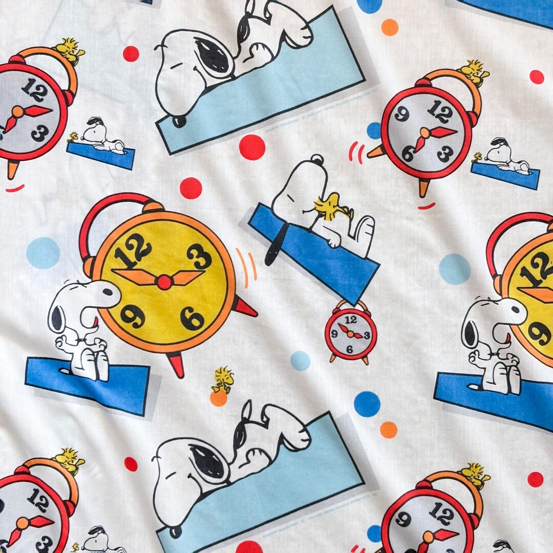 VTG 1960s Snoopy Peanuts Twin Fitted Sheet Woodstock Alarm Clock Dots ...