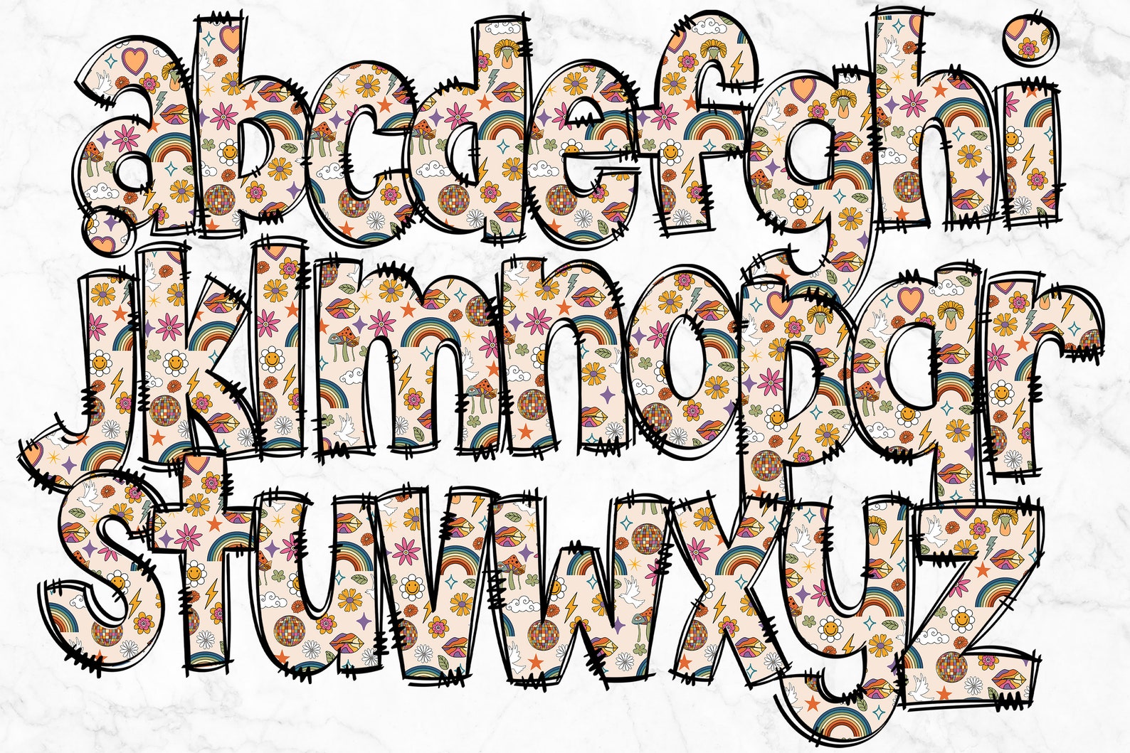 Retro Doodle Alphabet PNG Alphabet Letters PNG Bundle Hand - Etsy