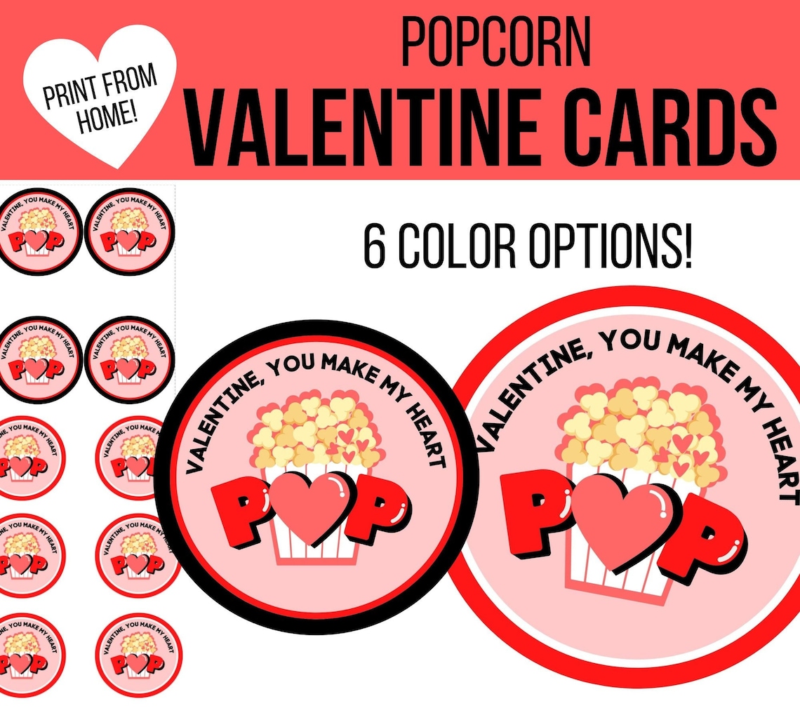 Popcorn Valentine Printable Card|valentine Cards Set|printable ...