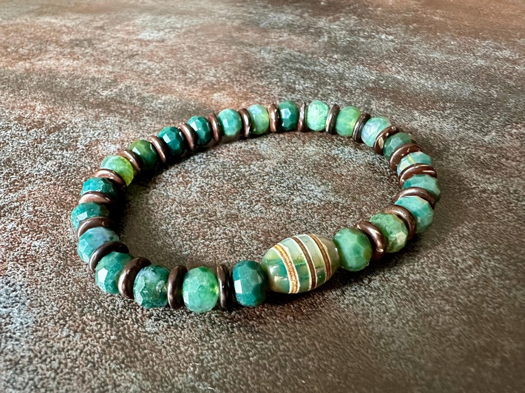 Tibetan Dzi Bracelet, Dzi Stone "wave" From Tibet, Moss Agate, Dzi Bead ...